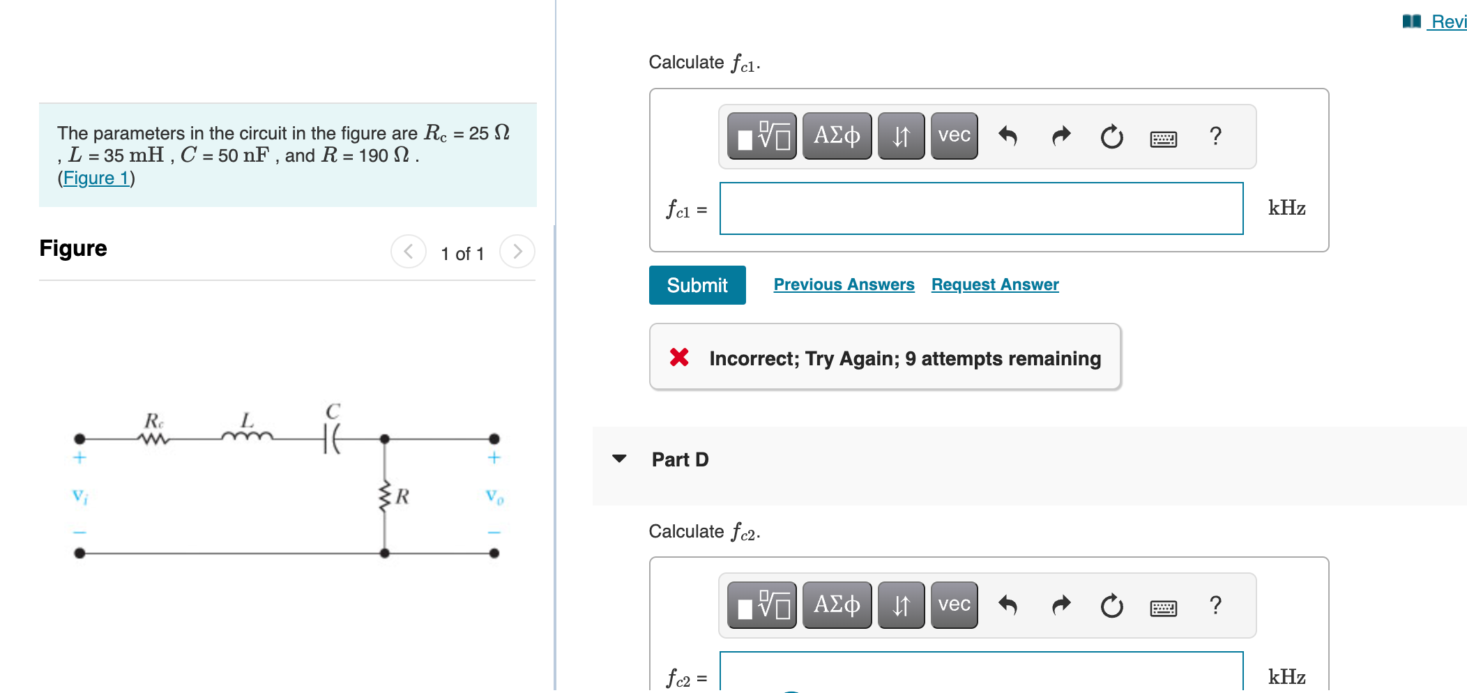 Solved Calculate fc1. The parameters in the circuit in the | Chegg.com