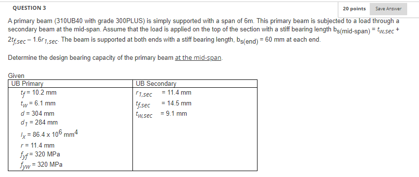 Solved A primary beam (310UB40 with grade 300PLUS) is simply | Chegg.com