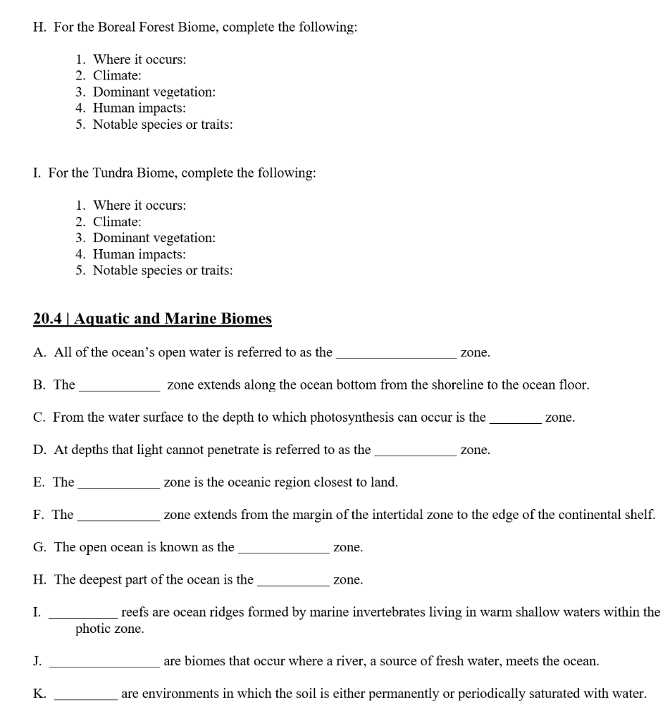 Solved H. For the Boreal Forest Biome, complete the | Chegg.com