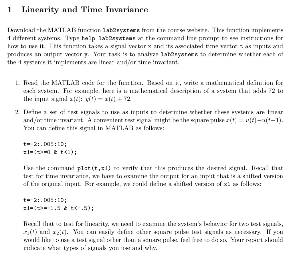 1 Linearity and Time Invariance Download the MATLAB | Chegg.com
