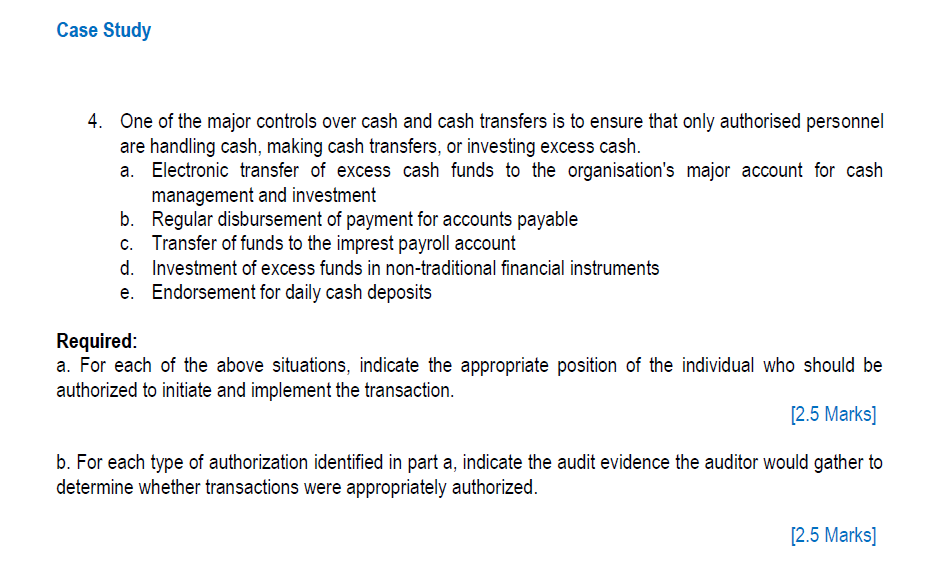 Case Study 4. One of the major controls over cash and | Chegg.com