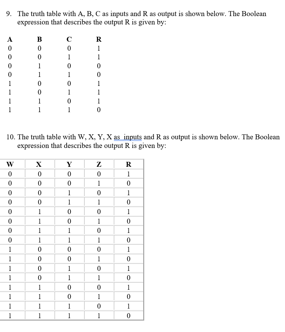 Solved 9. The truth table with A, B, C as inputs and R as | Chegg.com