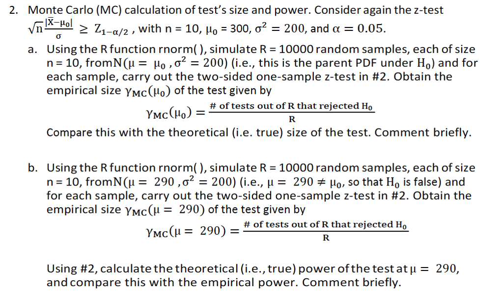 Solved 2. Monte Carlo (MC) calculation of test's size and | Chegg.com