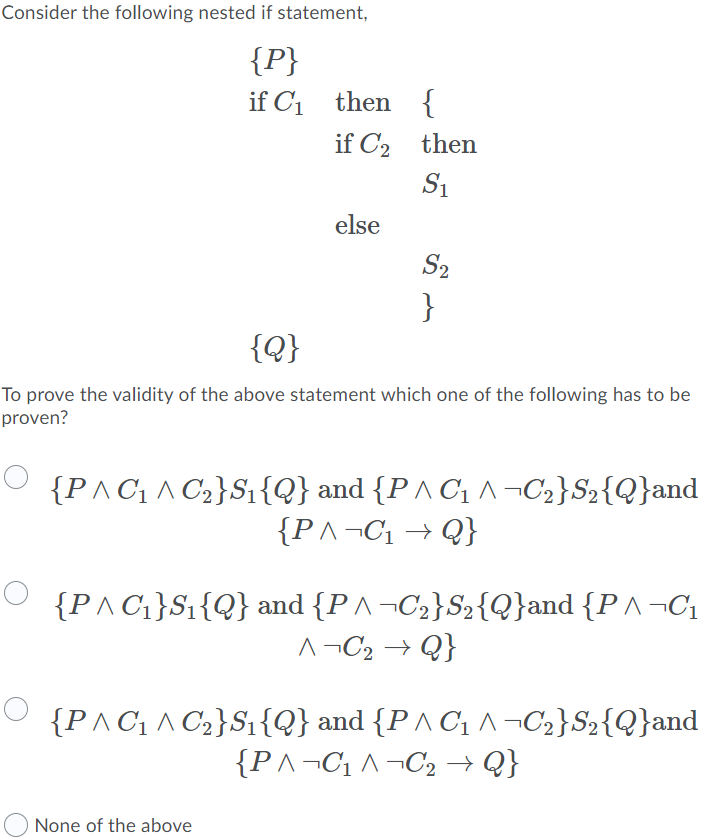 Solved Consider the following nested if statement, {P} if C1 | Chegg.com