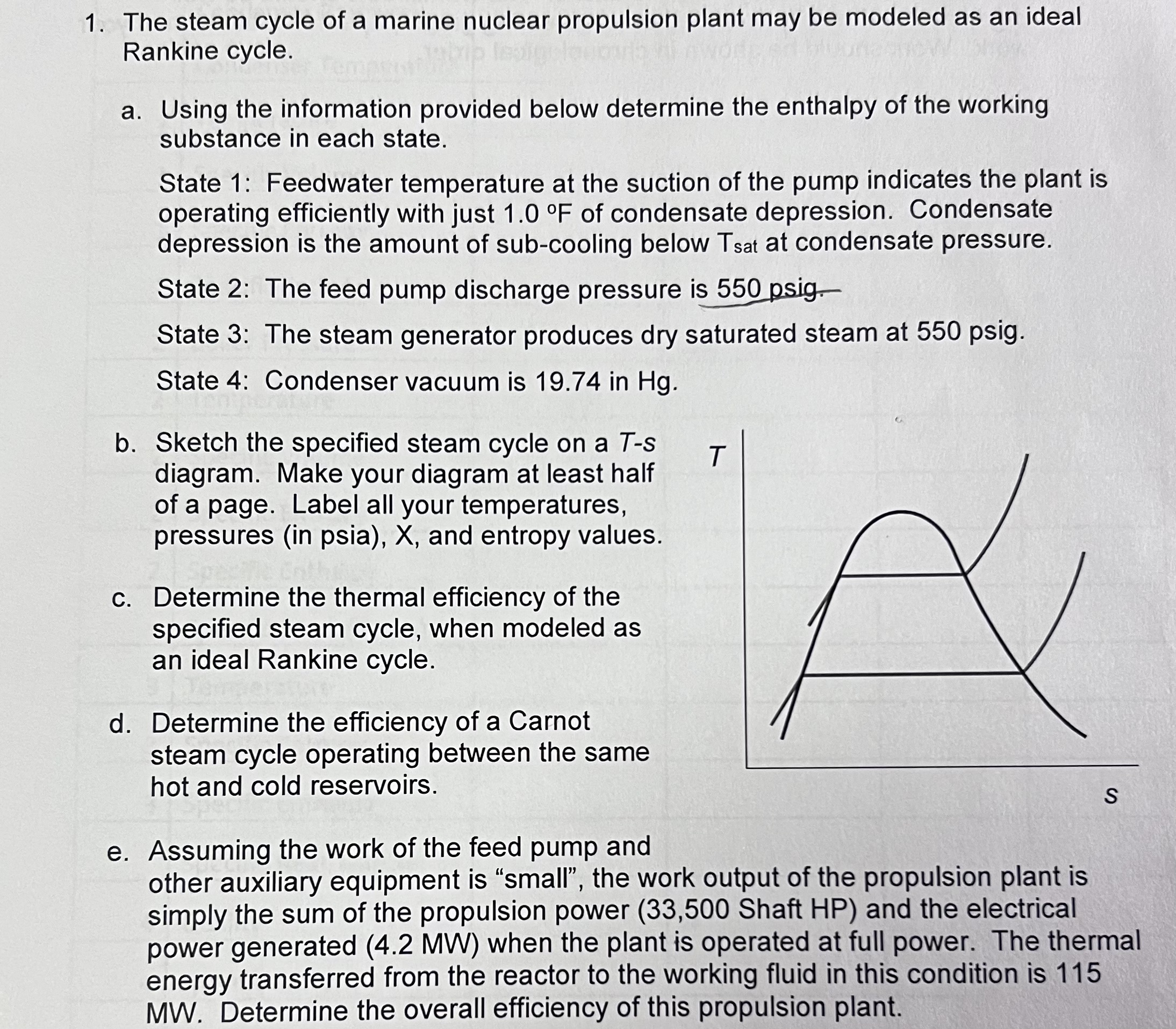 1. The steam cycle of a marine nuclear propulsion | Chegg.com