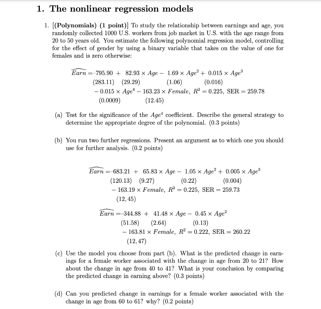 1. The nonlinear regression models 1. [(Polynomials) | Chegg.com