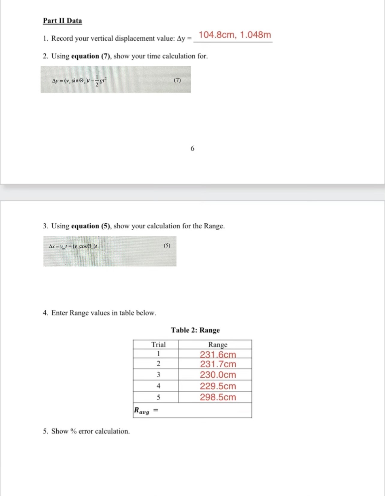 Part II DataRecord your vertical displacement value: | Chegg.com