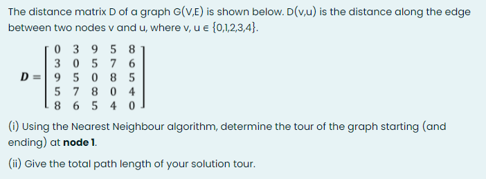 Solved he distance matrix D of a graph G(V,E) is shown | Chegg.com