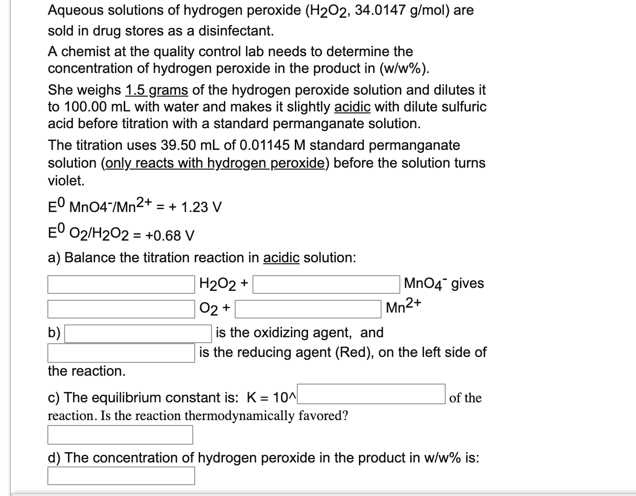 Solved Aqueous solutions of hydrogen peroxide (H202, 34.0147 | Chegg.com