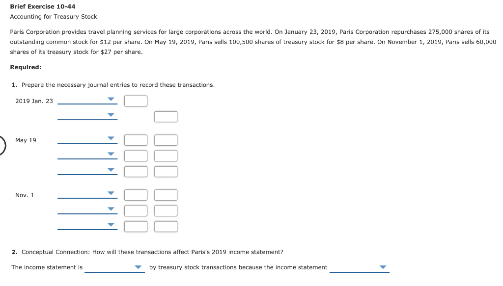 Solved Brief Exercise 10-44 Accounting for Treasury Stock | Chegg.com
