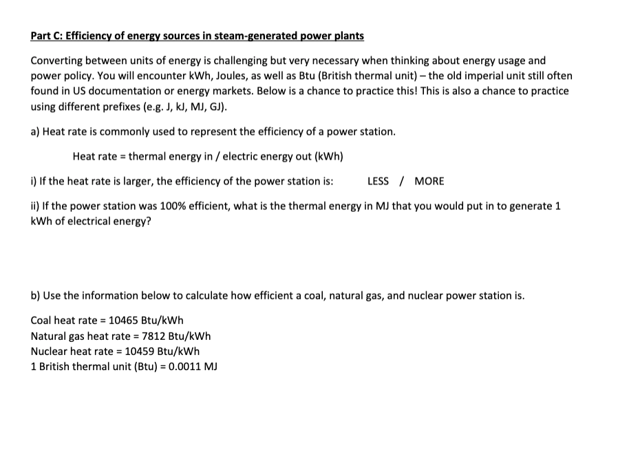 Solved Part C: Efficiency of energy sources in | Chegg.com