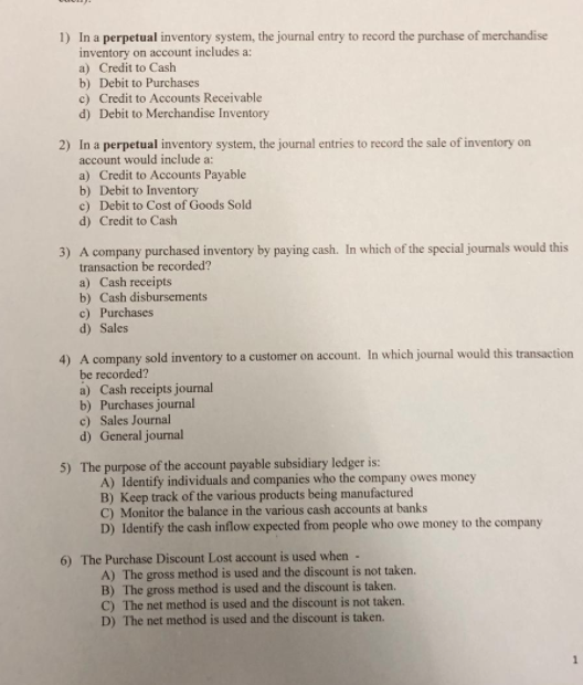 Solved 1) In a perpetual inventory system, the journal entry | Chegg.com