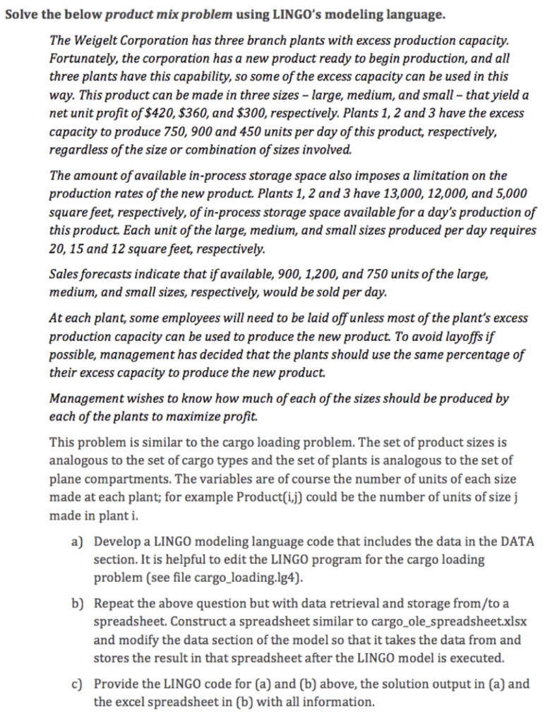 Solved Solve the below product mix problem using LINGO's | Chegg.com