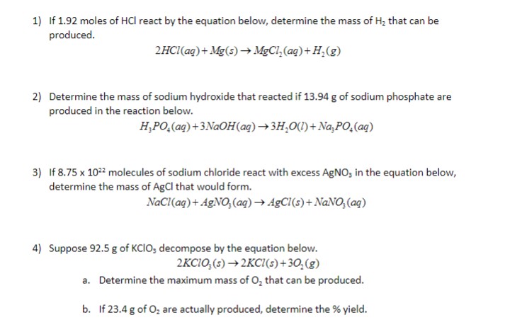 Solved If 1.92 ﻿moles of HCl ﻿react by the equation below, | Chegg.com