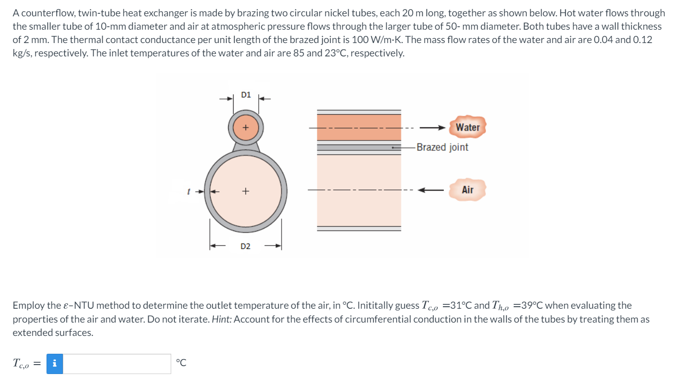 Solved A counterflow, twin-tube heat exchanger is made by | Chegg.com