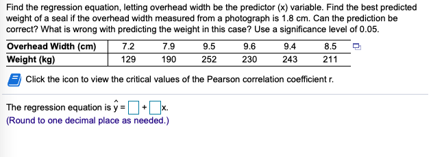 Solved Find the regression equation, letting overhead width | Chegg.com