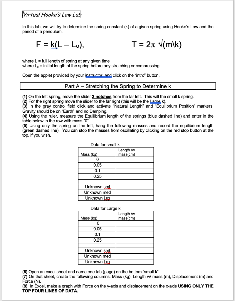 Solved Vvirtual Hooke's Law Lab In this lab, we will try to | Chegg.com