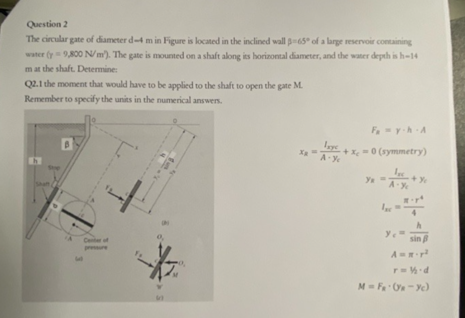Solved Question 2 The circular gate of diameter d-4 min | Chegg.com