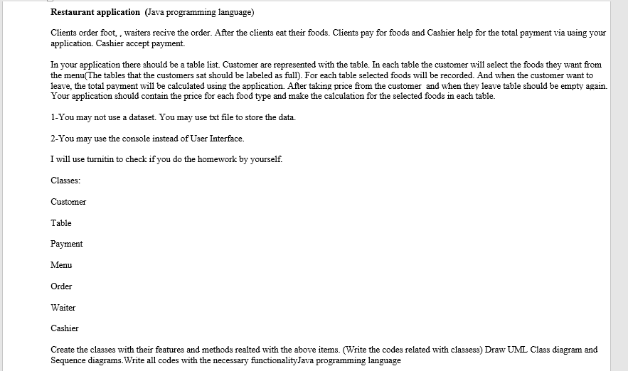 Restaurant application (Java programming language) | Chegg.com