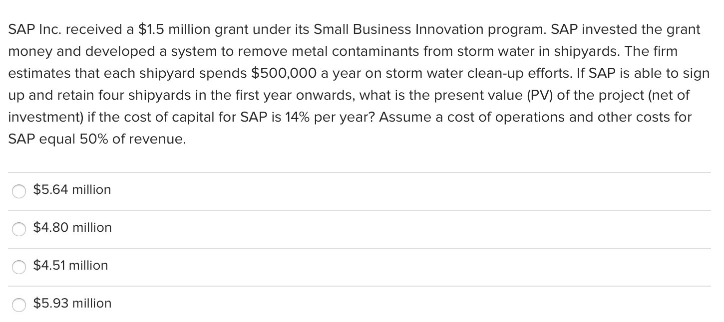 Solved SAP Inc. received a $1.5 million grant under its | Chegg.com