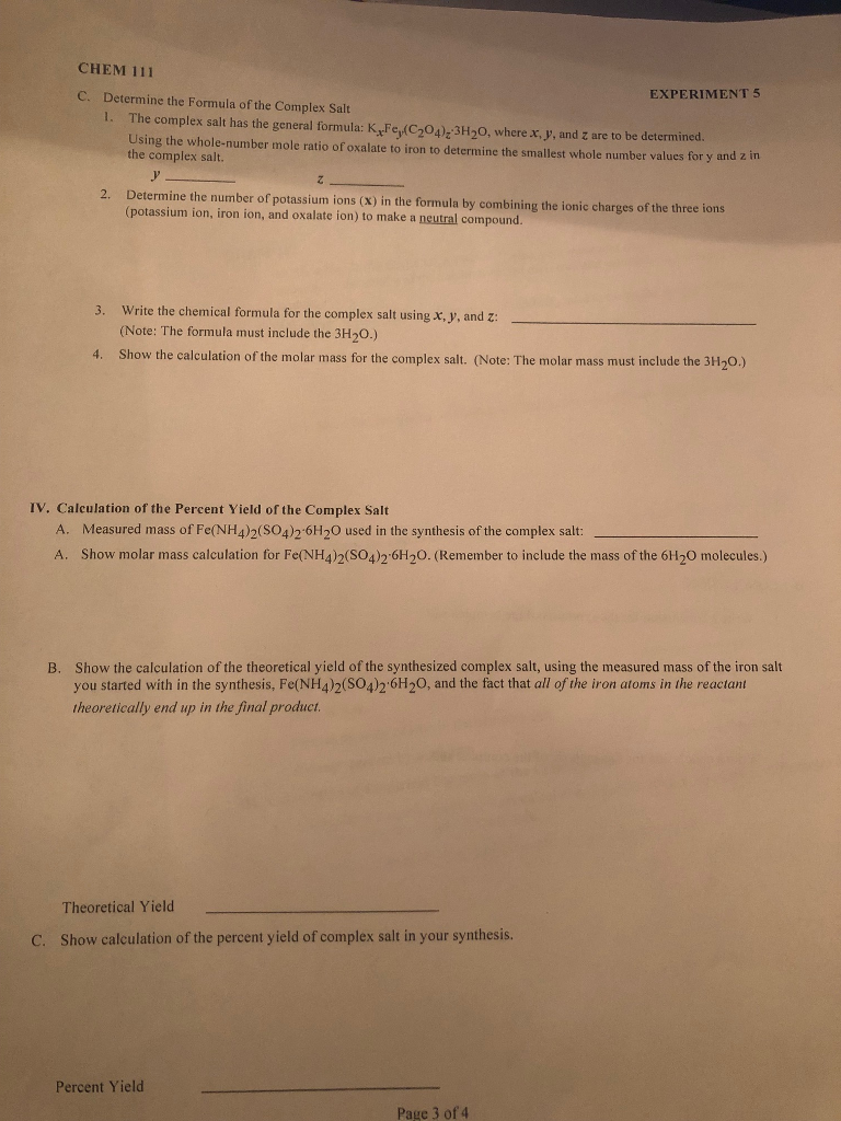 Solved CHEM 111 C. Determine the Formula of the Complex Salt | Chegg.com