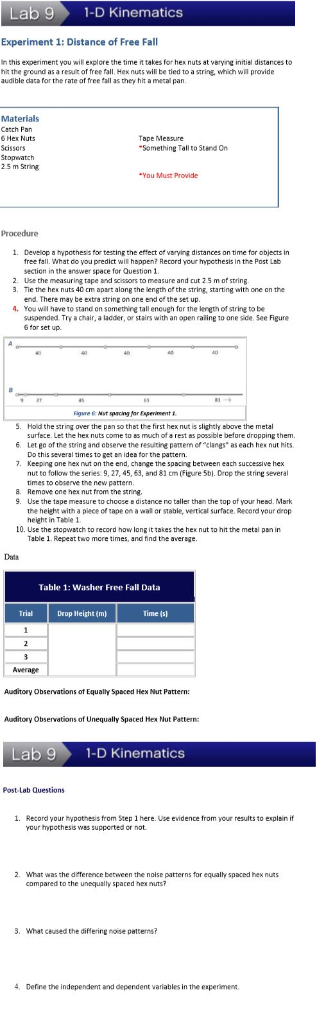 Solved Lab 9 1-D Kinematics Experiment 1: Distance of Free | Chegg.com