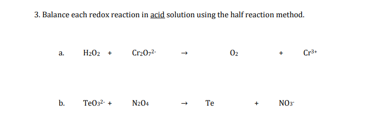 Solved 3. Balance each redox reaction in acid solution using | Chegg.com