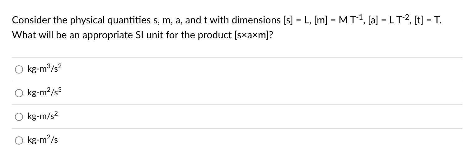 Solved Consider the physical quantities s,m,a, and t with | Chegg.com