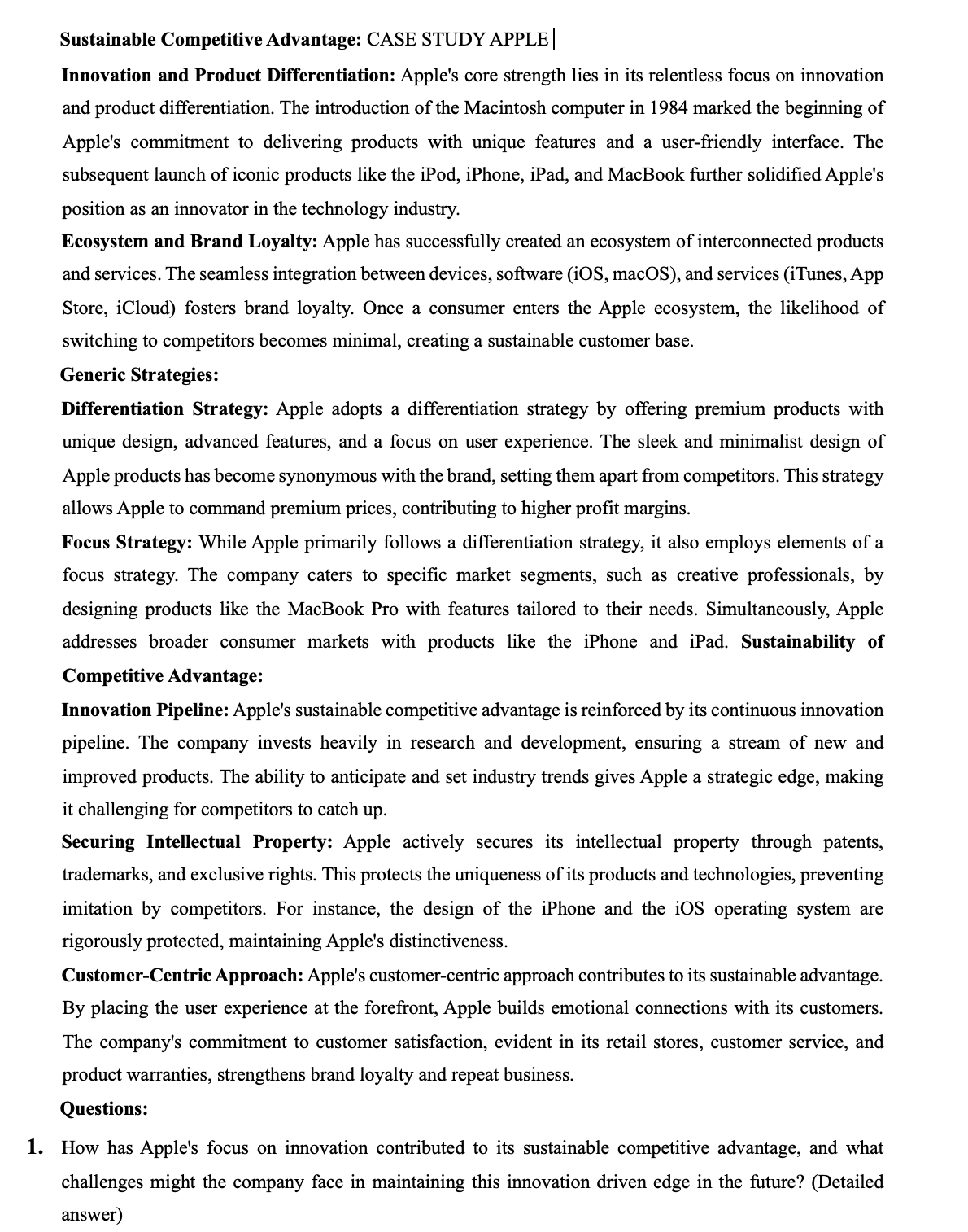 Solved Sustainable Competitive Advantage: CASE STUDY APPLE | Chegg.com