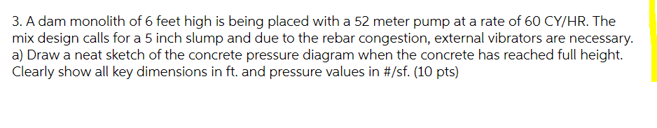 Solved 3. A dam monolith of 6 feet high is being placed with | Chegg.com