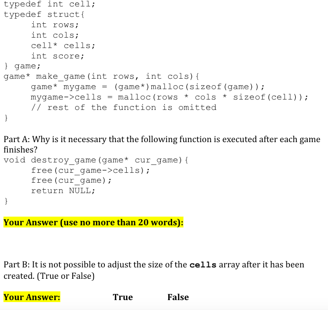 Solved Typedef Int Cell Typedef Struct Int Rows Int Cols 