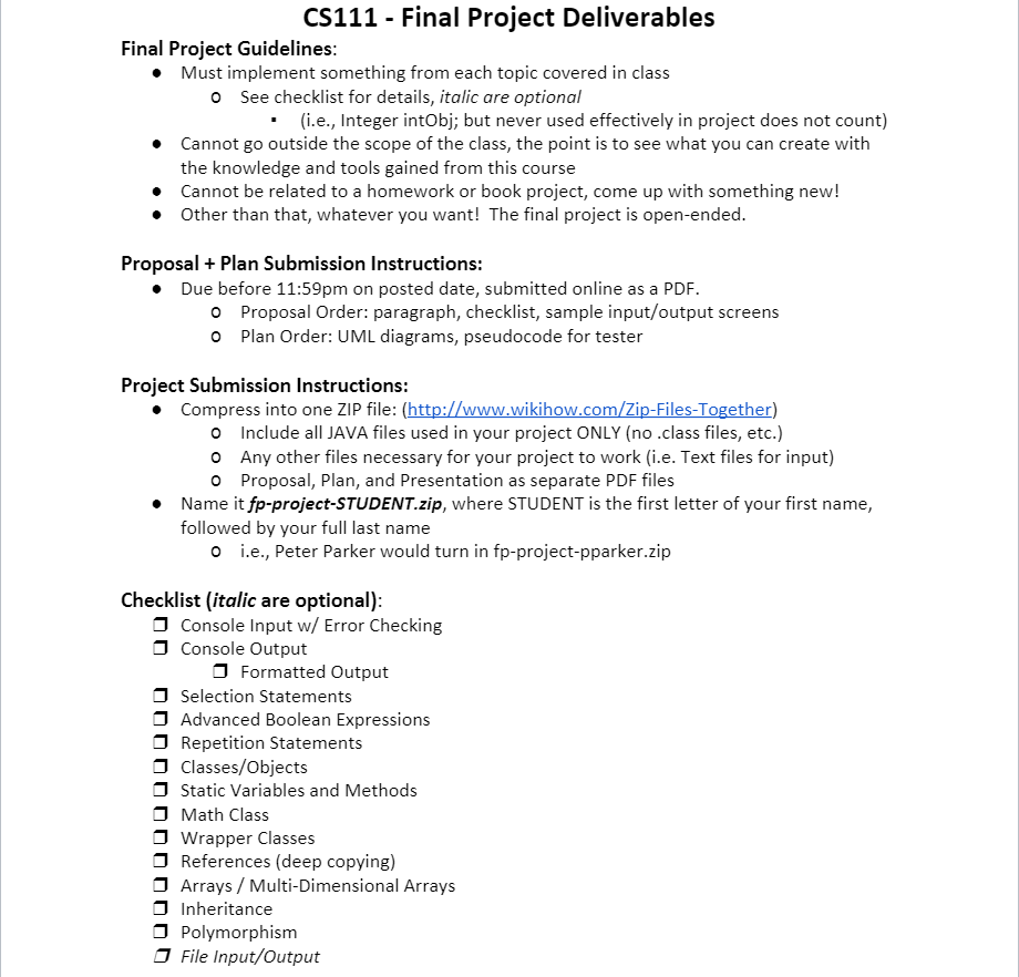 CS111 - Final Project Deliverables Final Project | Chegg.com