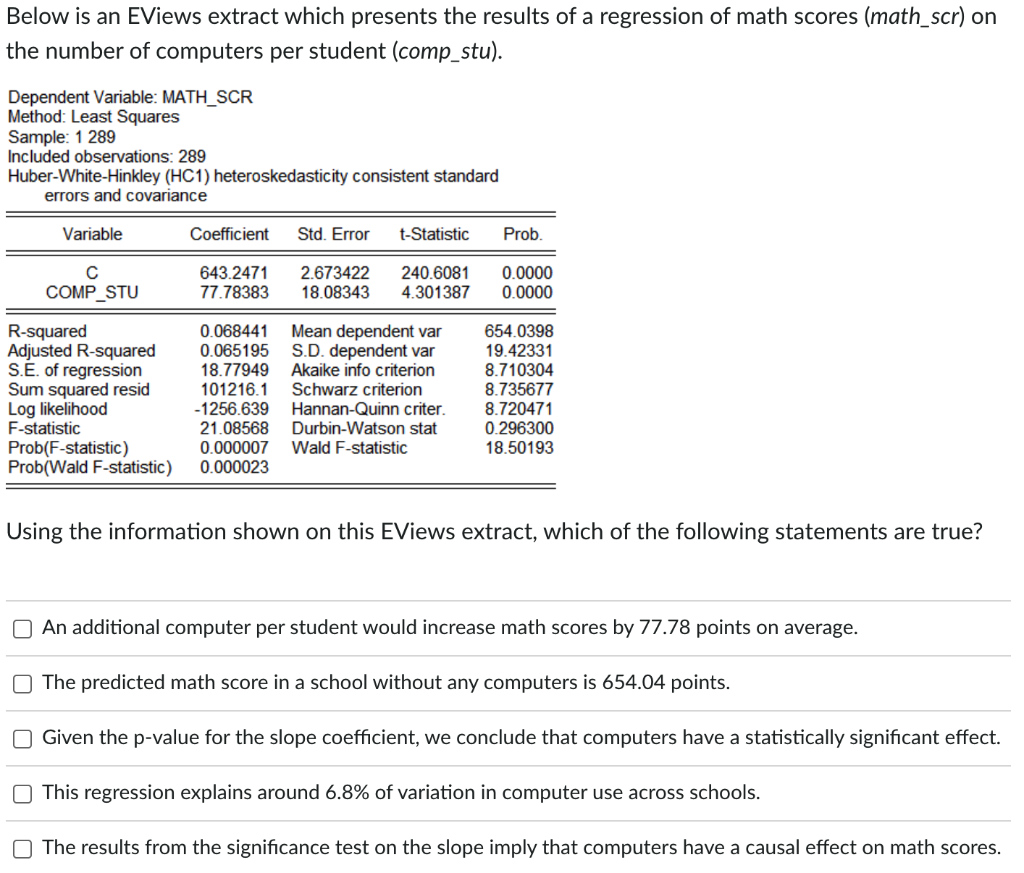 Solved Below is an EViews extract which presents the results | Chegg.com