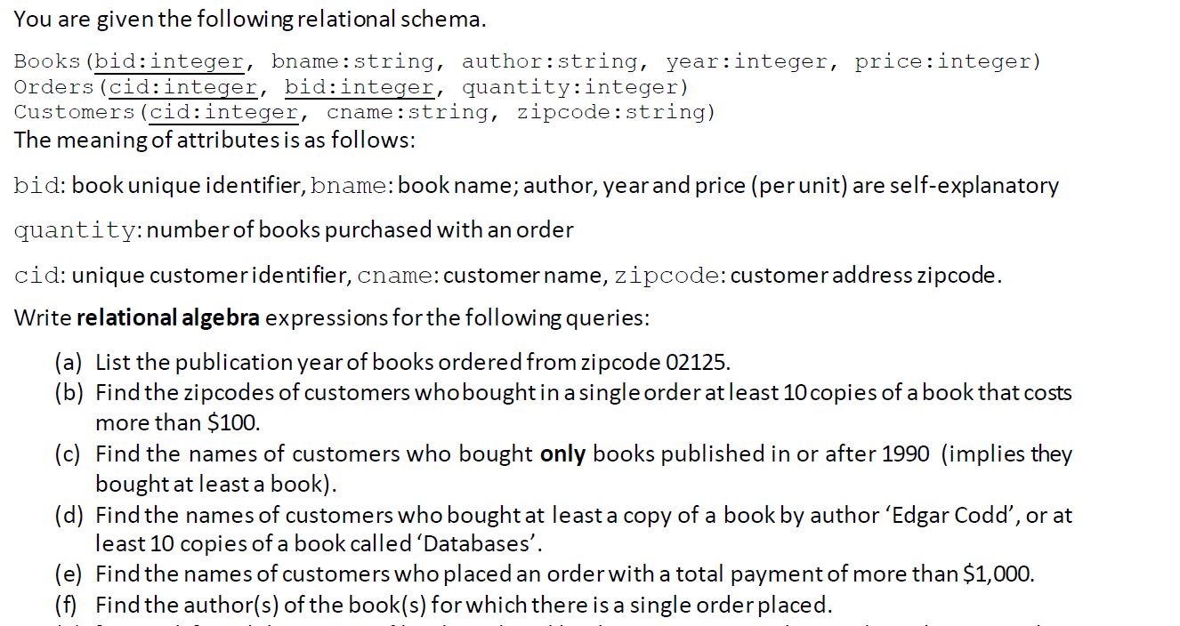 Solved You are given the following relational schema. Books | Chegg.com