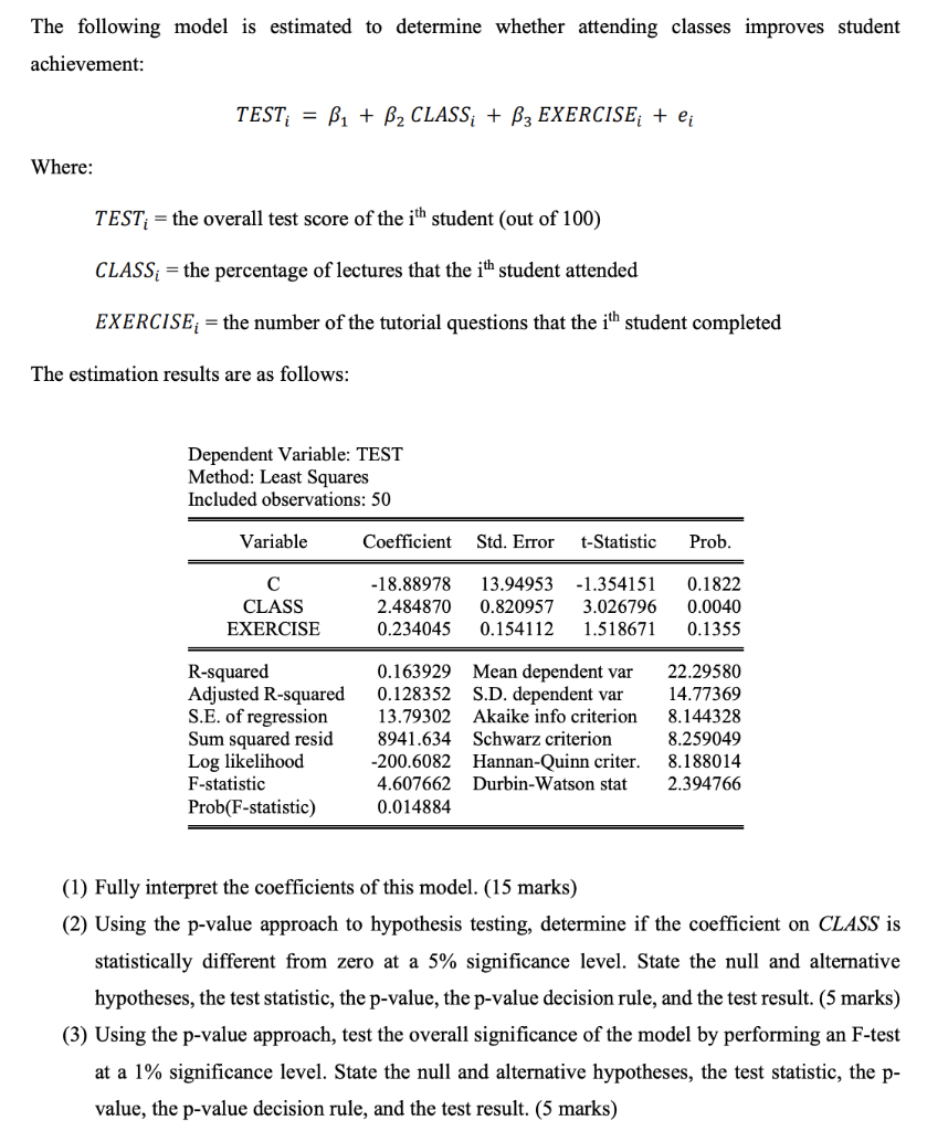 Solved The following model is estimated to determine whether | Chegg.com