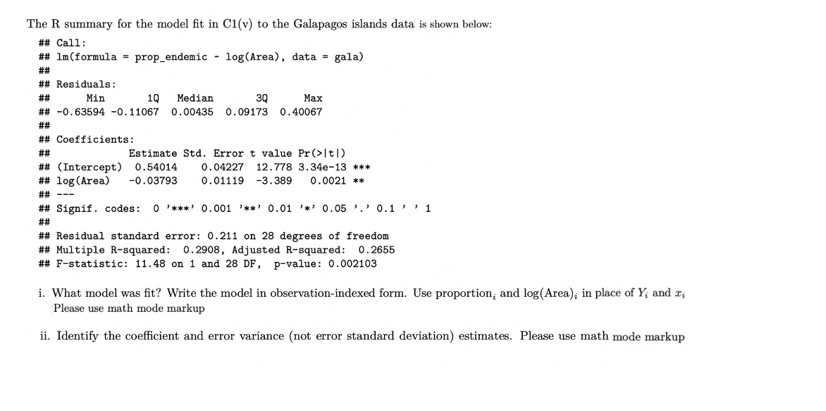 Solved The R summary for the model fit in Ci(v) to the | Chegg.com