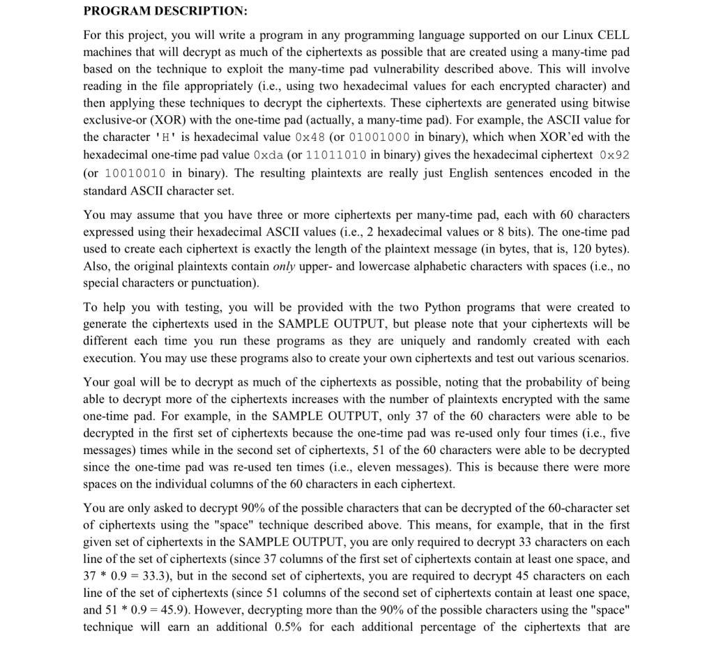 Solved PROGRAM DESCRIPTION: For this project, you will write | Chegg.com