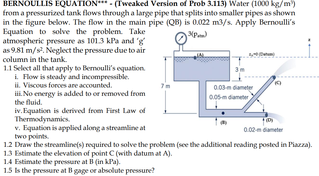 Solved BERNOULLIS EQUATION ∗∗∗−( Tweaked Version of Prob | Chegg.com