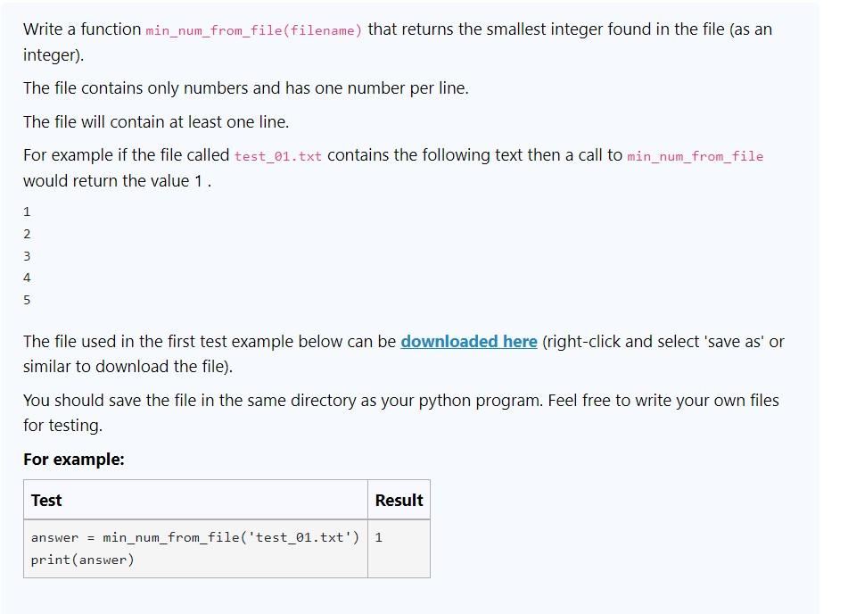 Solved Write a function min_num_from_file(filename) that | Chegg.com