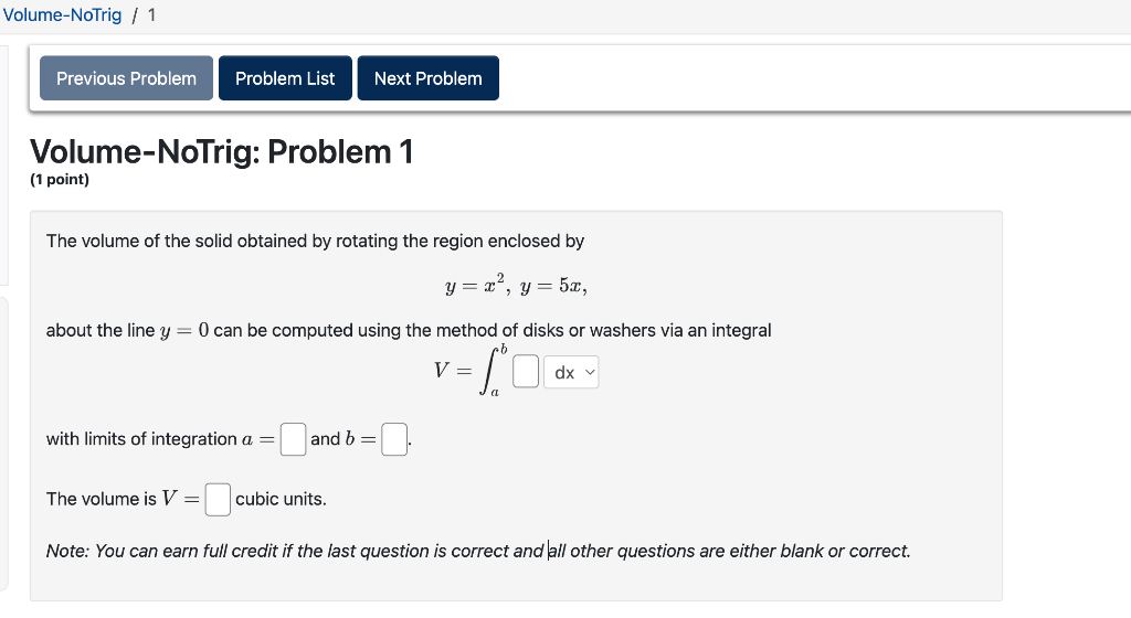Solved Volume-NoTrig: Problem 1 (1 point) The volume of the | Chegg.com