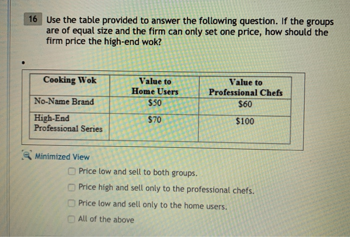 Solved 16 Use the table provided to answer the following | Chegg.com