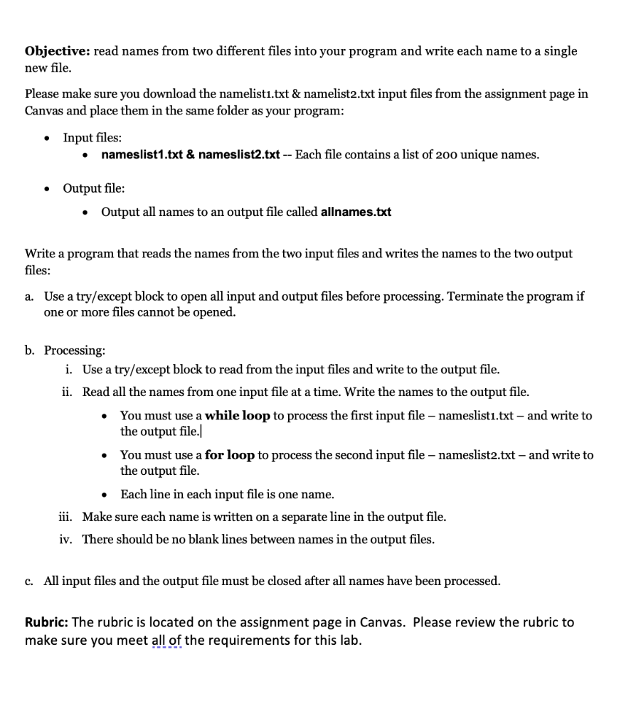 Solved Objective: read names from two different files into | Chegg.com