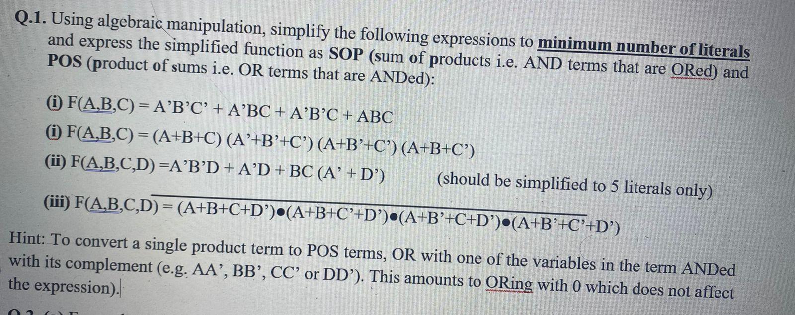 Solved Q.1. Using algebraic manipulation, simplify the | Chegg.com