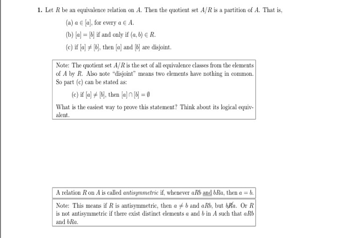 Solved 1. Let R be an equivalence relation on A. Then the | Chegg.com