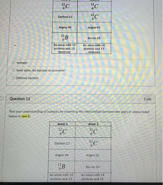 Solved 12 6 13 12 Carbon-12 Argon-40 Argon-41 Boron-10 An | Chegg.com