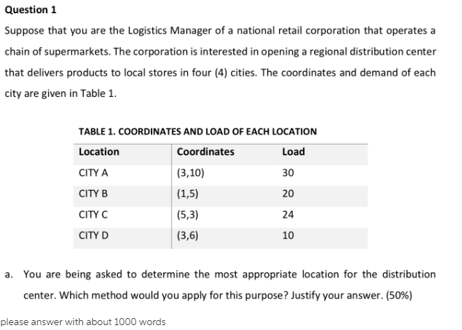 Solved Question 1 Suppose that you are the Logistics Manager | Chegg.com