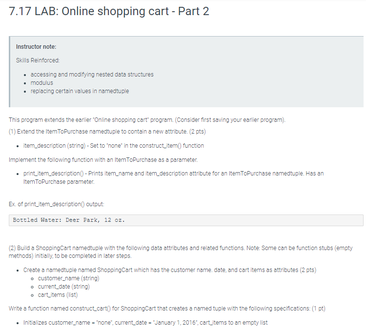 Solved 7.17 LAB: Online shopping cart - Part 2 Instructor | Chegg.com