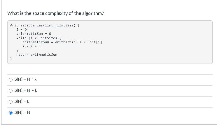 Solved What is the space complexity of the algorithm? | Chegg.com