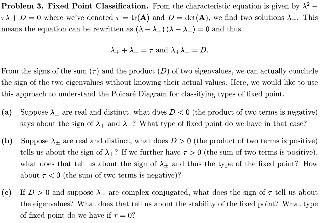 Solved Problem 3. Fixed Point Classification. From the | Chegg.com
