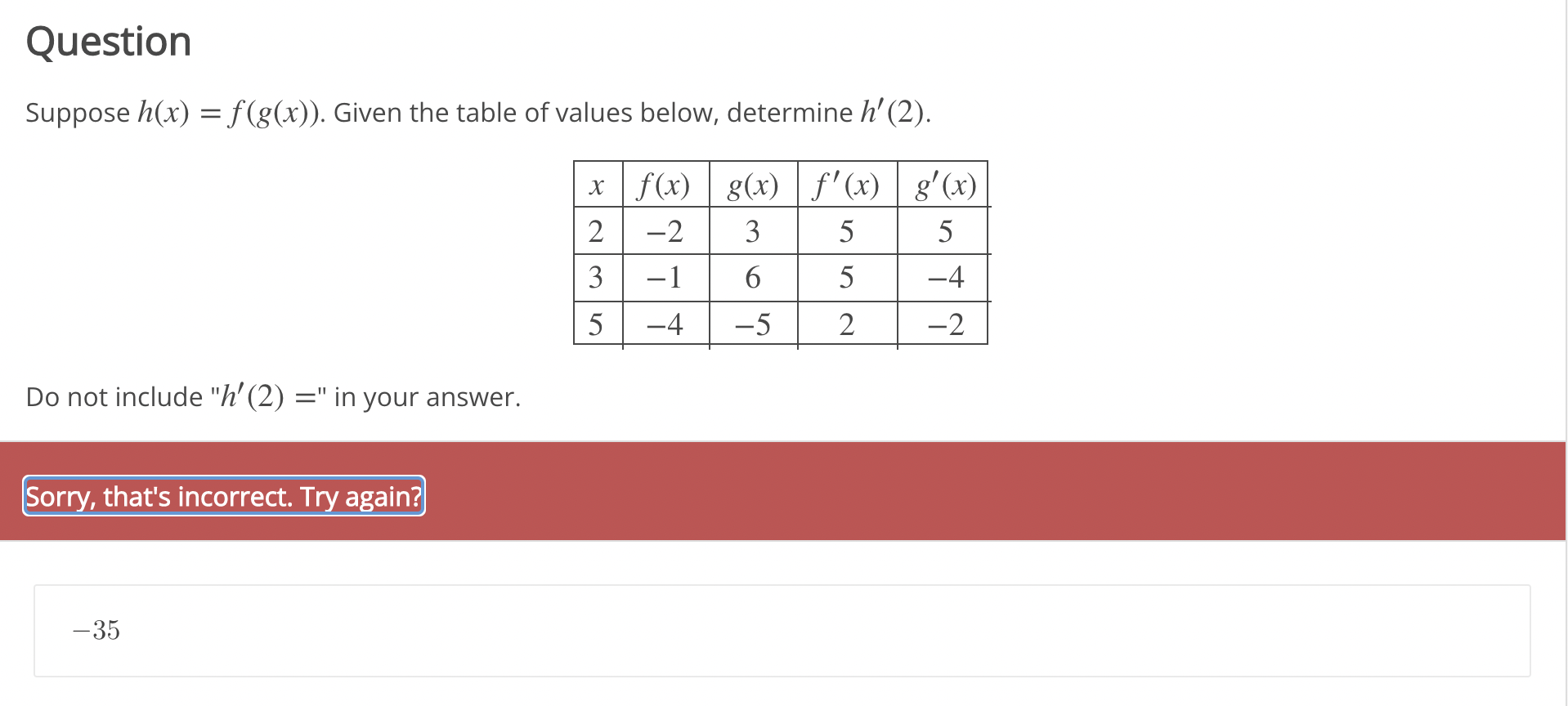 Solved Let h(x)=f(x)g(x). If f(−5)=−1,f′(−5)=−4,g(−5)=2, and | Chegg.com